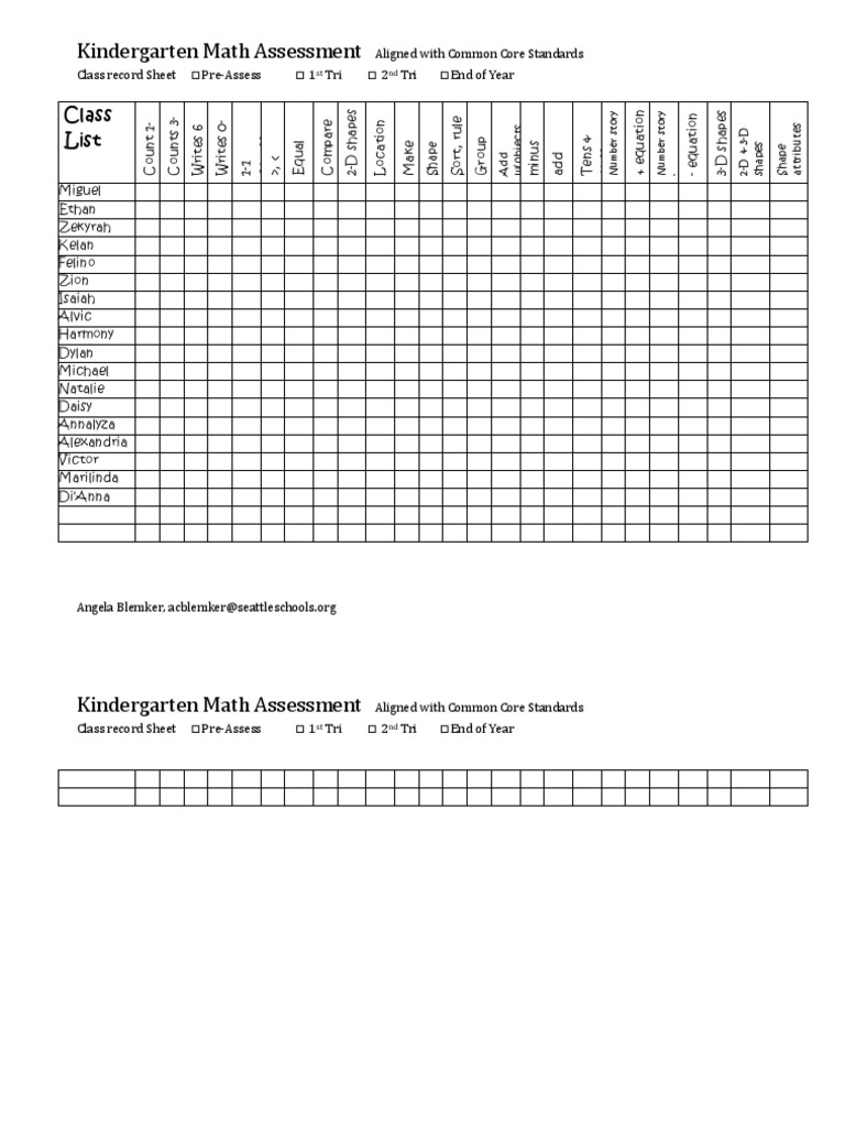 Kindergarten Math Assessment Record | PDF