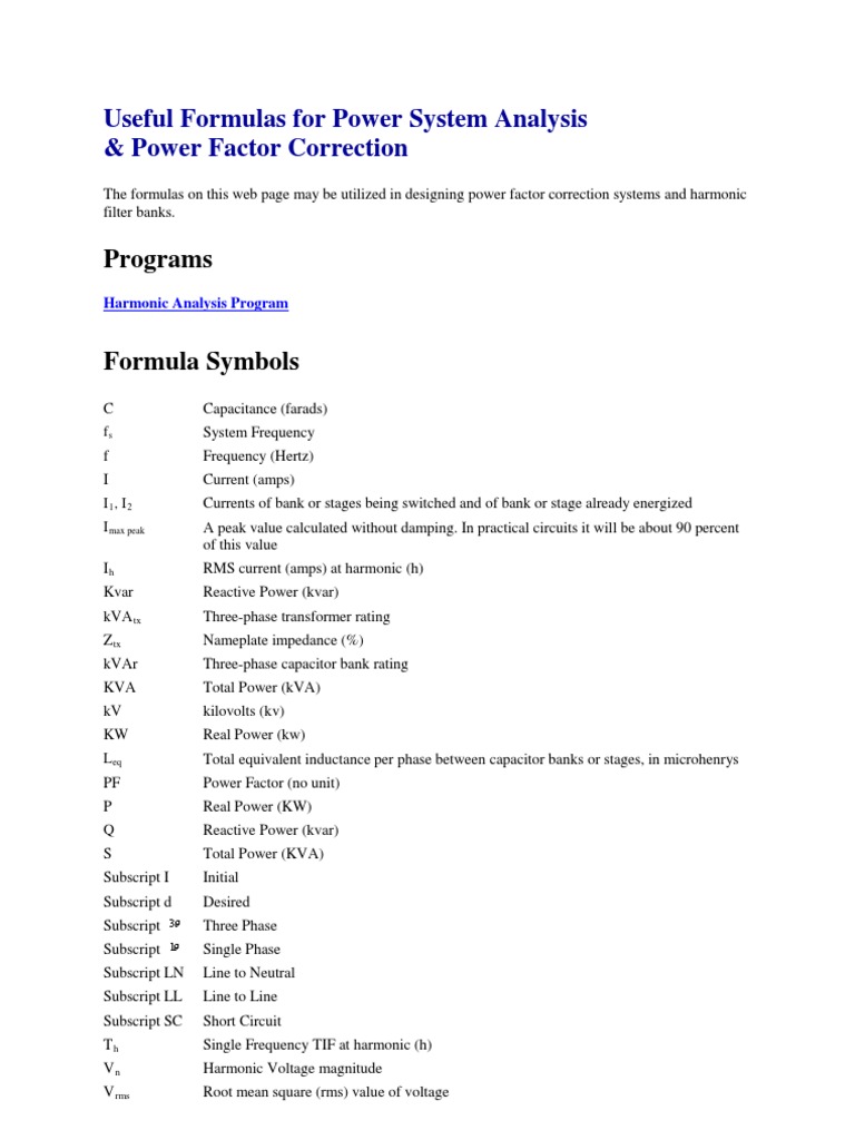 Useful Formulas For Power System Analysis | PDF | Ac Power | Capacitor
