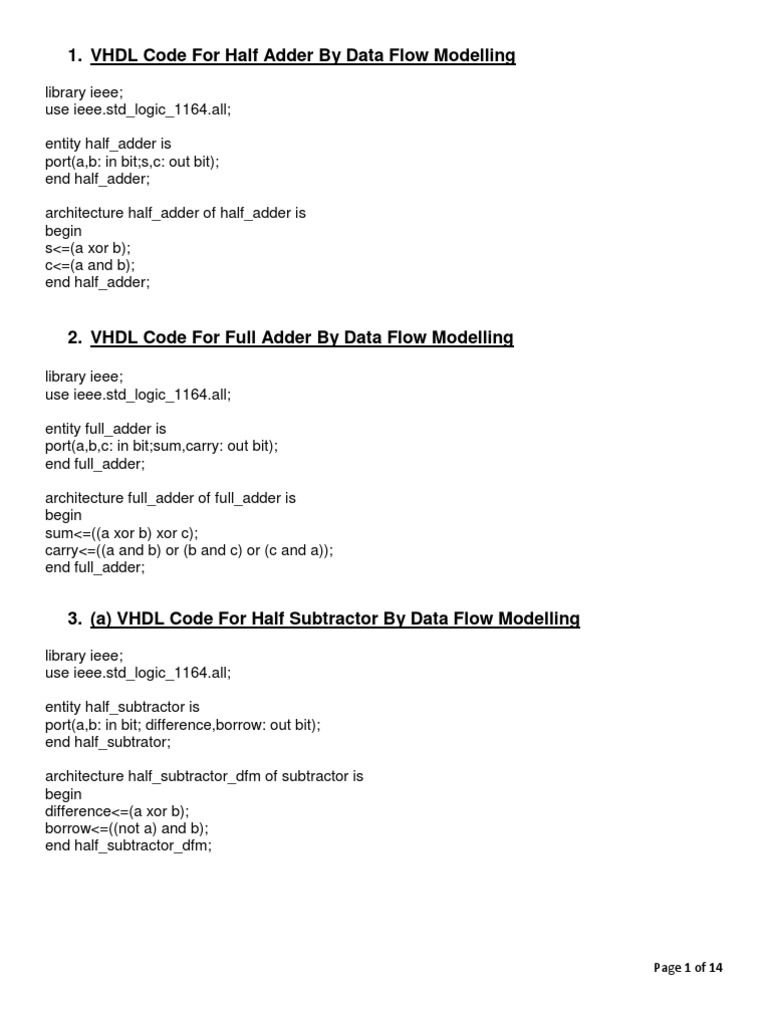 VHDL Code For Half Adder by Data Flow Modelling | PDF | Vhdl | Computer Engineering