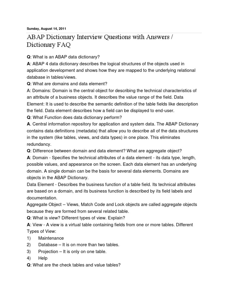 ABAP Dictionary Interview Questions With Answers / Dictionary FAQ | PDF | Databases | Database Index