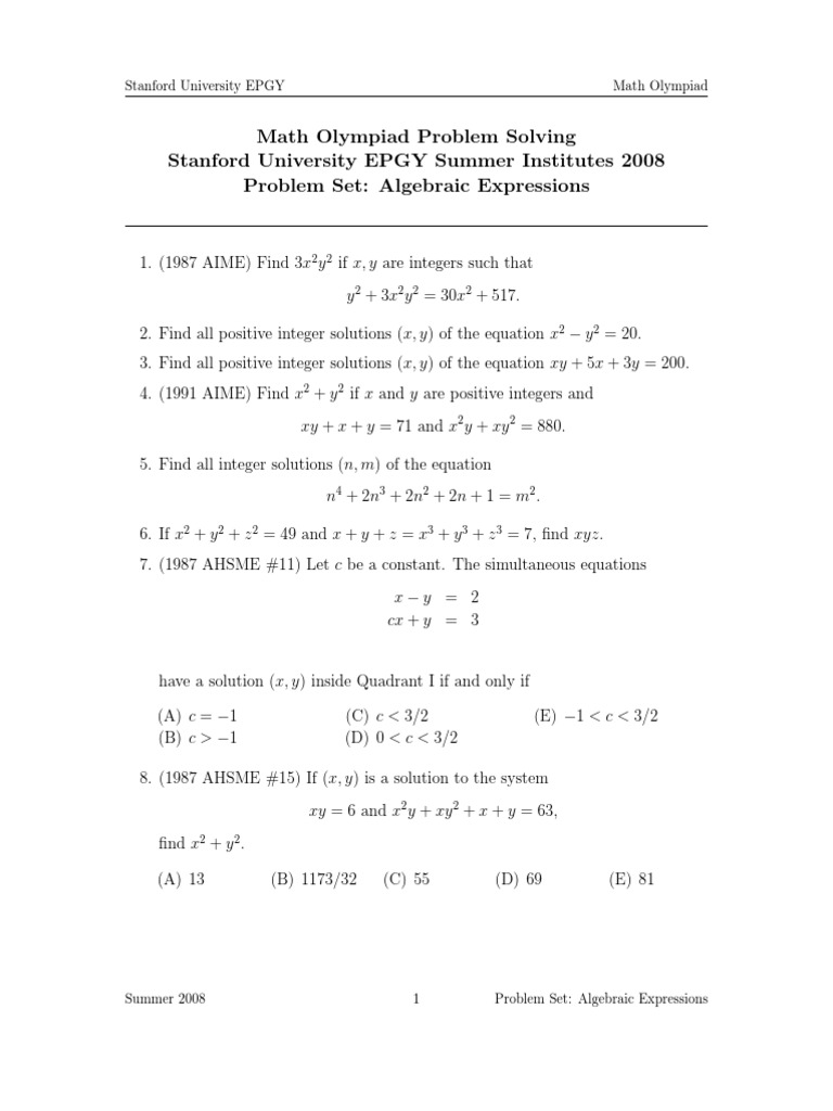 Math Olympiad Problem Solving Stanford University EPGY Summer ...