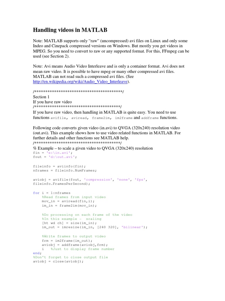Handling Videos in MATLAB: A Guide | PDF | Data Compression | Operating ...