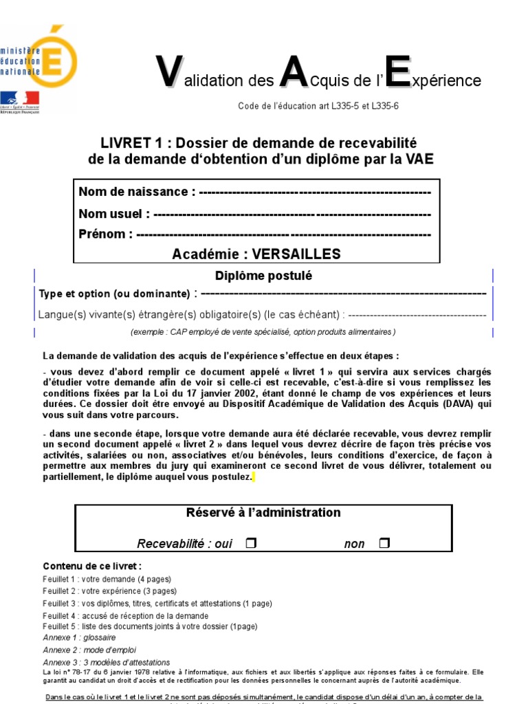 Livret 1 : Demande de VAE | PDF | Certification professionnelle ...