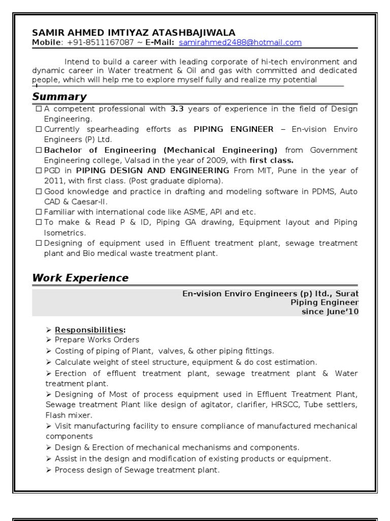 CV Samir Ahmed | PDF | Pipe (Fluid Conveyance) | Sewage Treatment