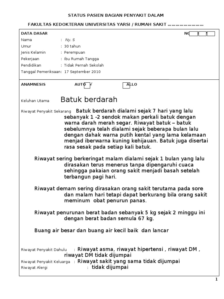 Status Pasien Bagian Penyakit Contoh Pengisian | PDF | Kesehatan ...