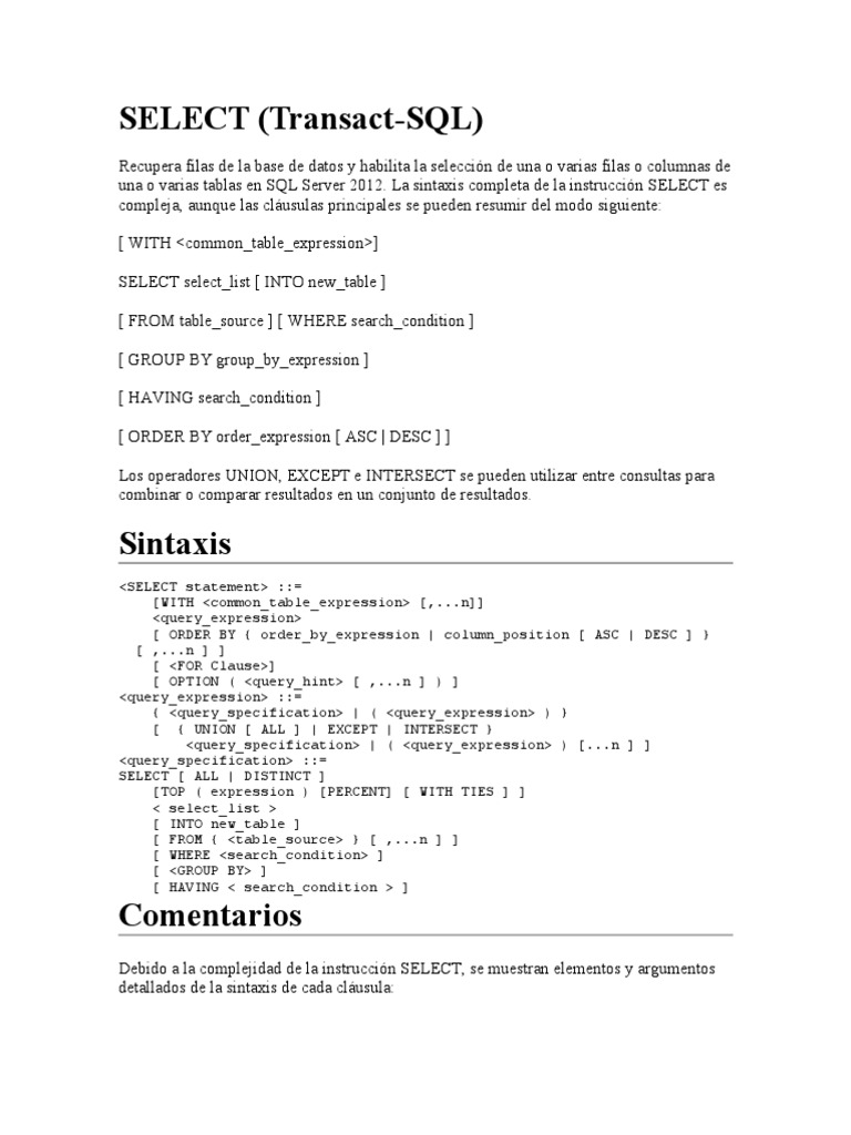 SELECT (Transact-SQL) Sintaxis y Ejemplos | PDF | Tabla (base de datos) | Servidor SQL de Microsoft