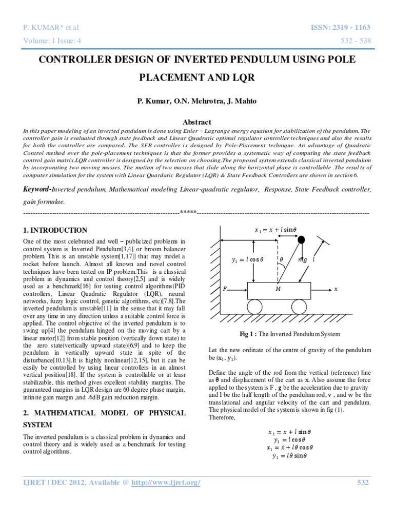 Controller Design of Inverted Pendulum Using Pole Placement and LQR | Download Free PDF ...