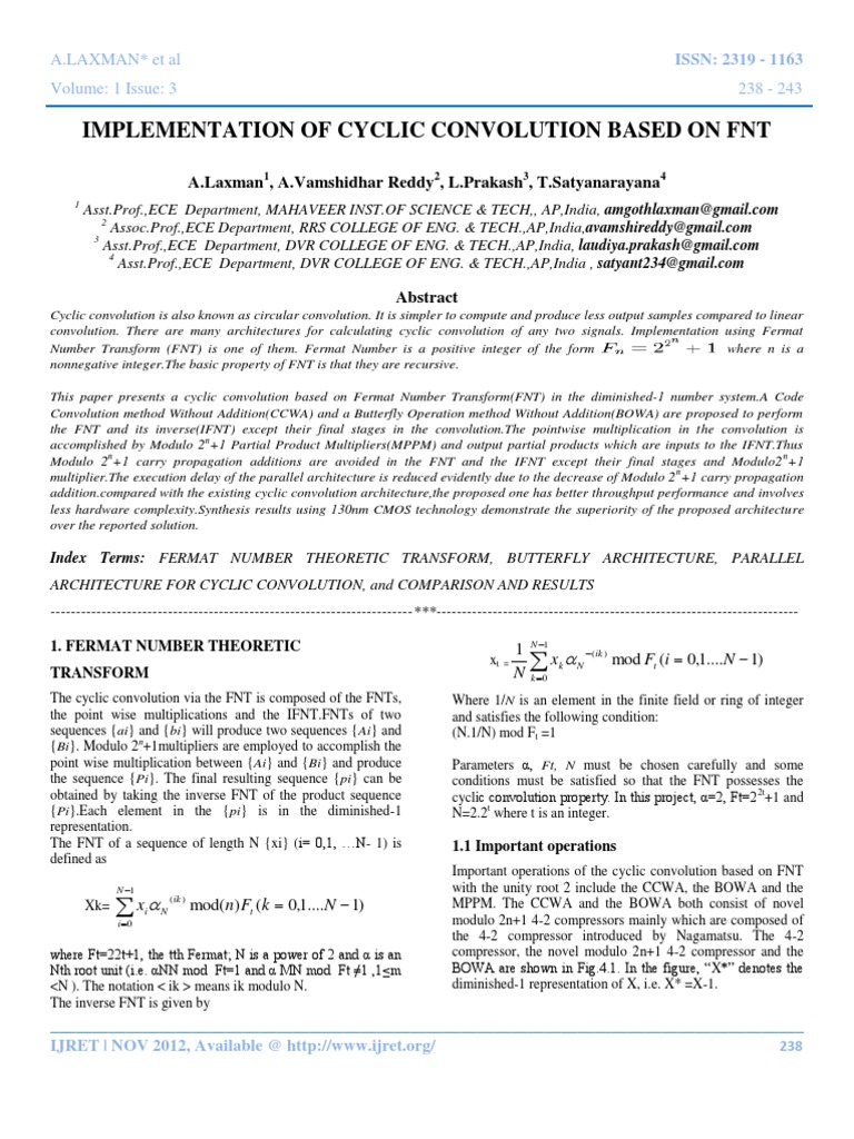 Implementation of Cyclic Convolution Based On FNT | PDF | Convolution | Multiplication