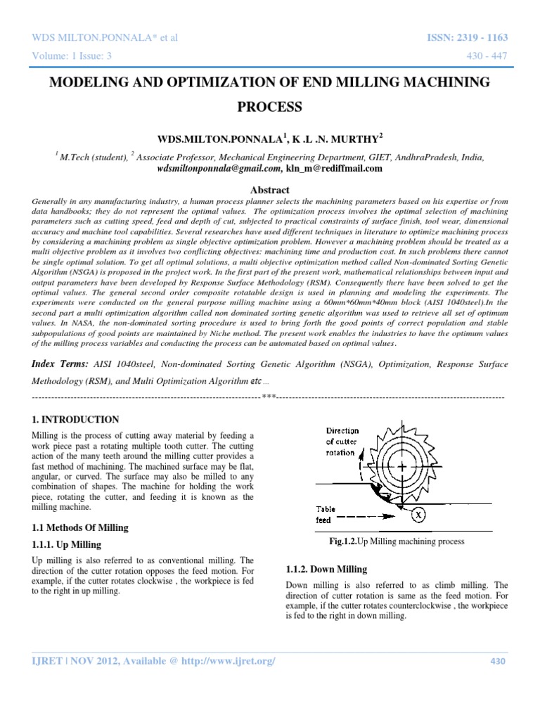 Modeling And Optimization Of End Milling Machining Process Pdf Mathematical Optimization