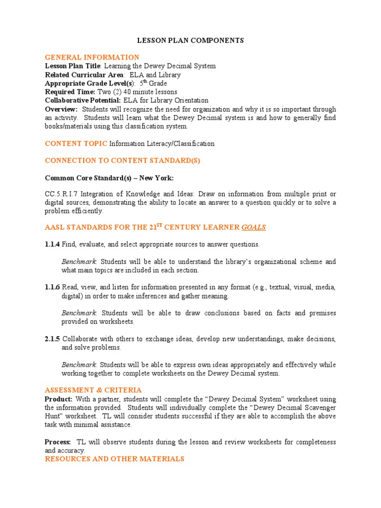 5th Grade Dewey Decimal System Lesson Plan | PDF | Lesson Plan ...