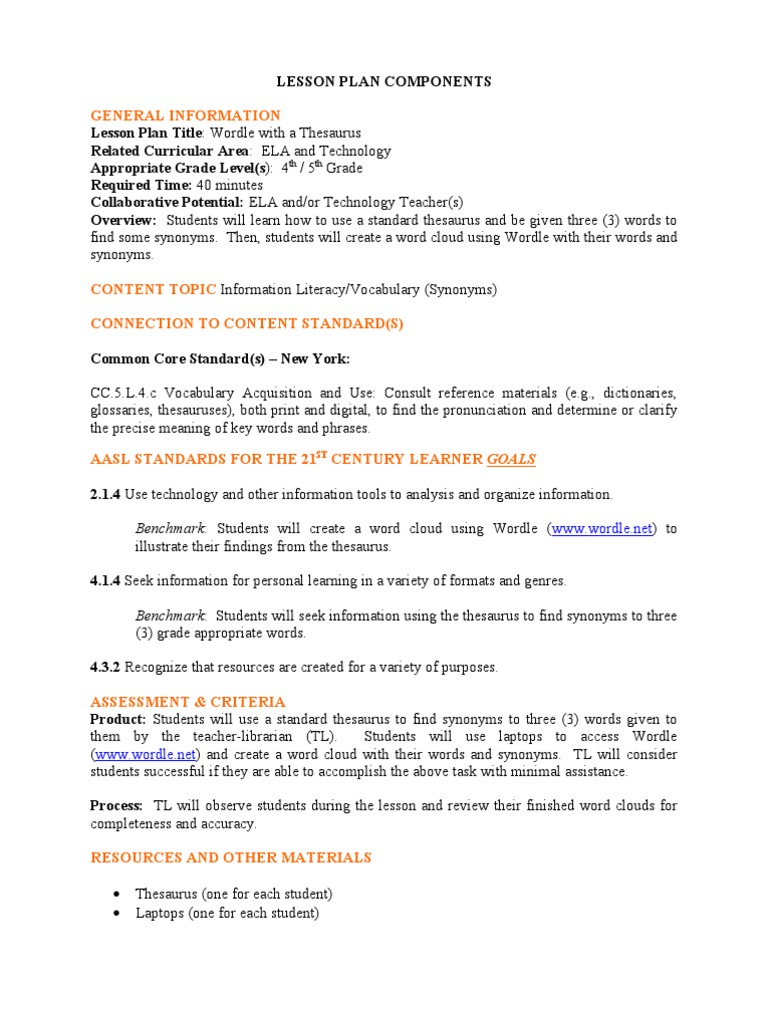 5th Grade Thesaurus Lesson Plan | PDF | Lesson Plan | Cognition