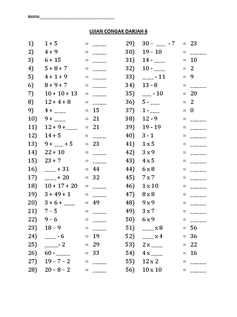 Ujian Congak Darjah 6: NAMA | PDF
