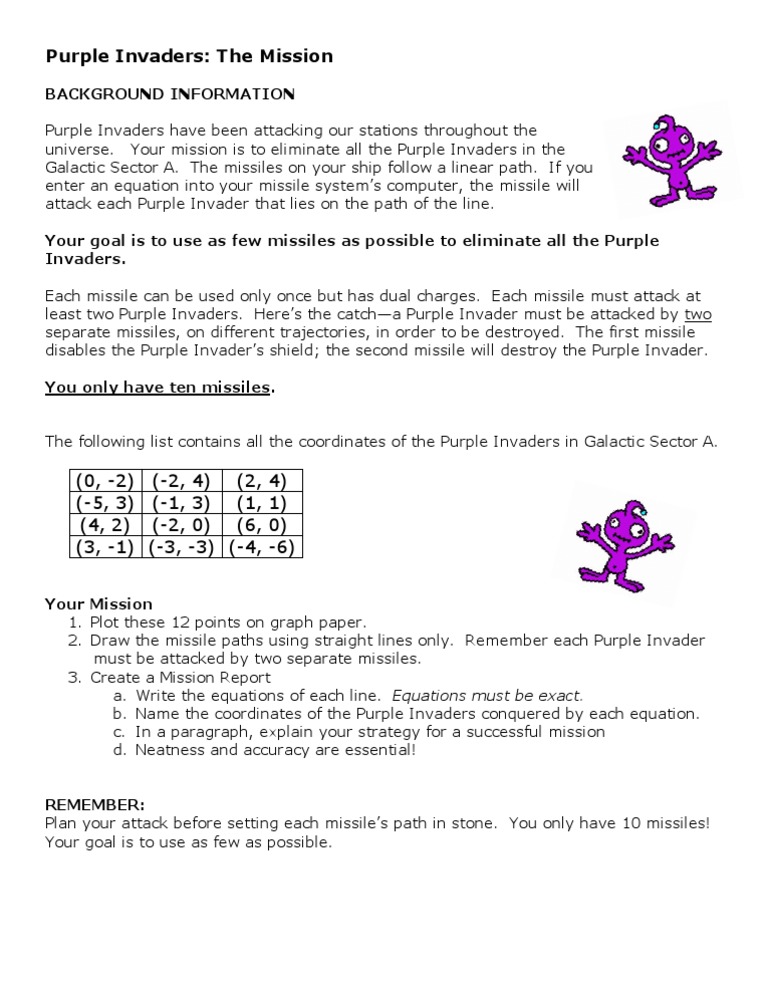 Purple Invaders Mission | PDF | Line (Geometry) | Mathematical Concepts