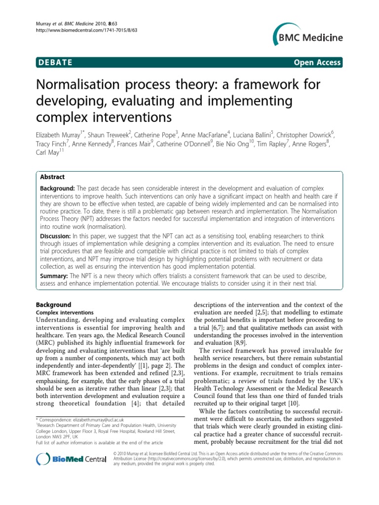 Normalisation Process Theory A Framework For Developing Evaluating And Implementing Complex