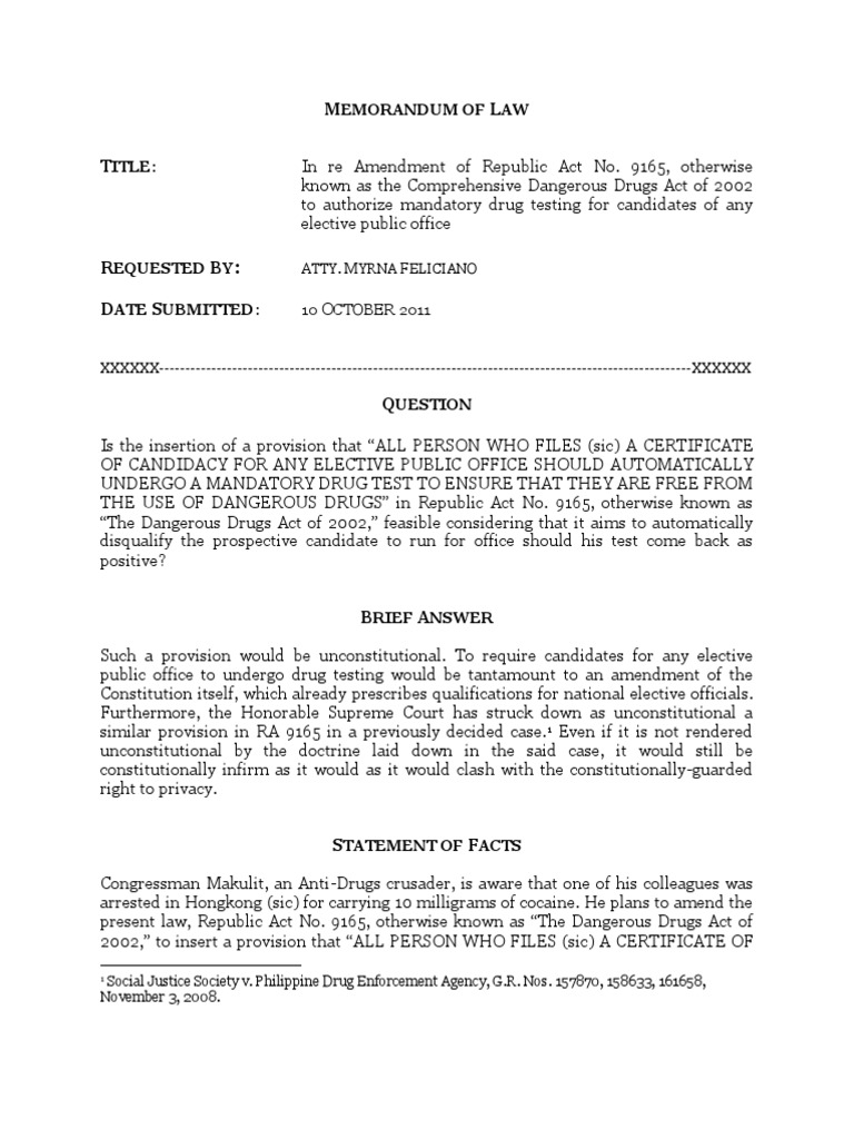 Sample Memorandum of Laws | Search And Seizure | Fourth Amendment To ...