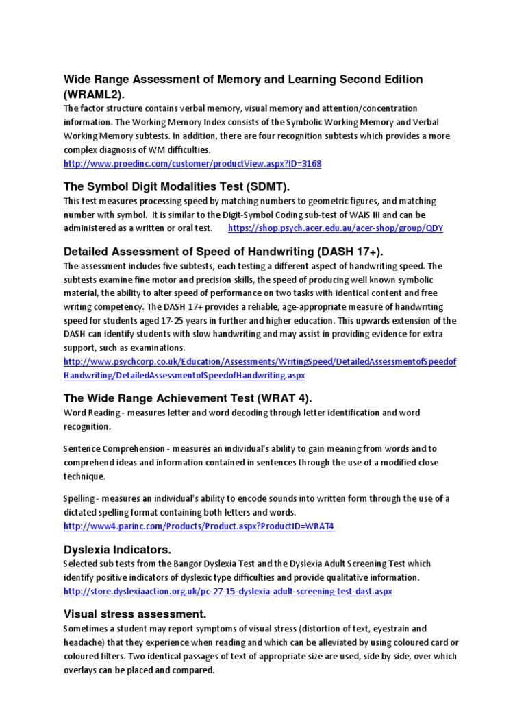 Cognitive and Learning Assessments Overview | PDF | Dyslexia | Working ...