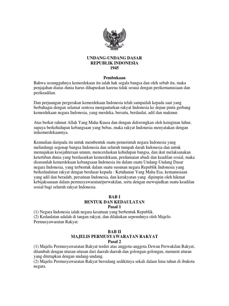 Undang Undang Dasar Negara Republik Indonesia Tahun 1945 (UUD 1945) - Naskah Asli