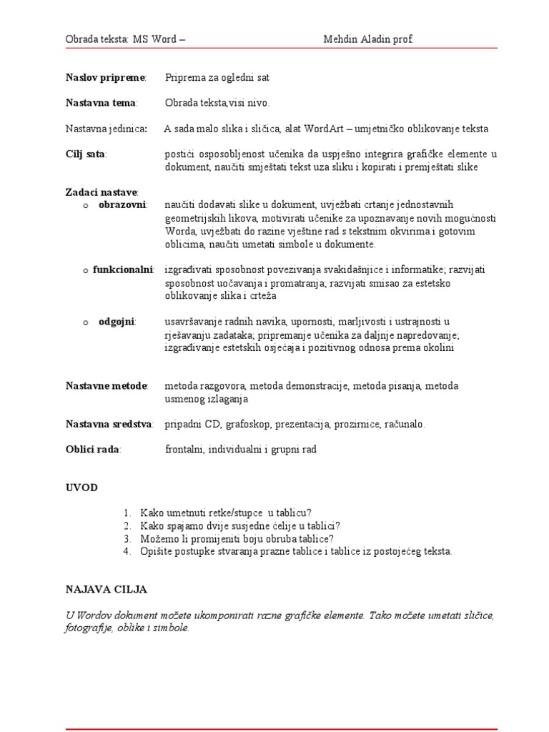 Nastavna Priprema Za Ogledni Cas | PDF