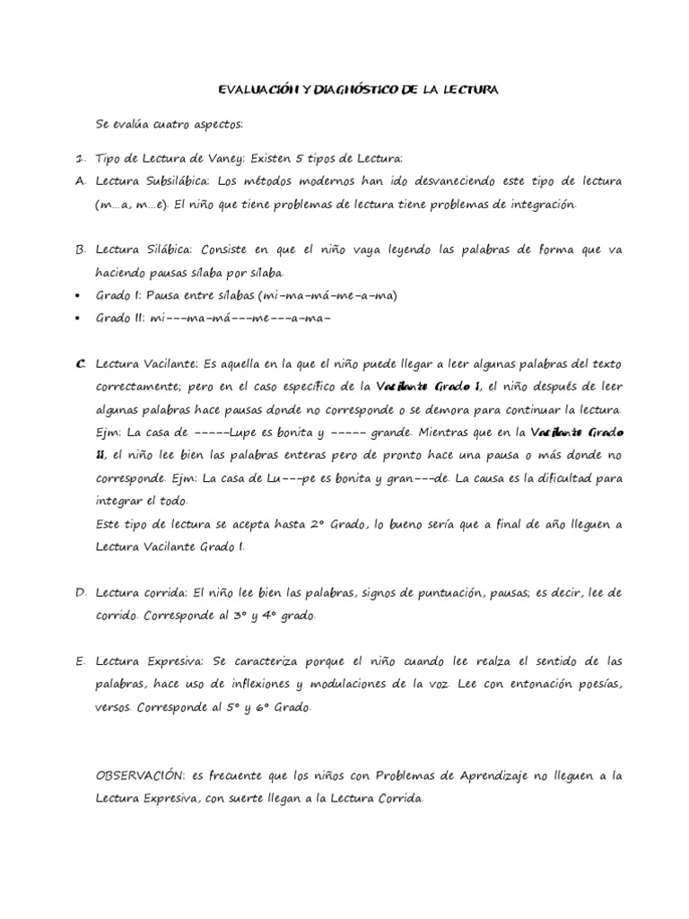 Diagnóstico de Lectura y Escritura Escolar | PDF | Sílaba | Lectura ...