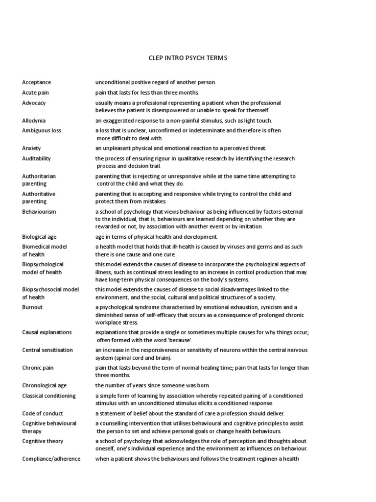 CLEP Introductory Psychology Vocabulary | Download Free PDF | Grief | Pain