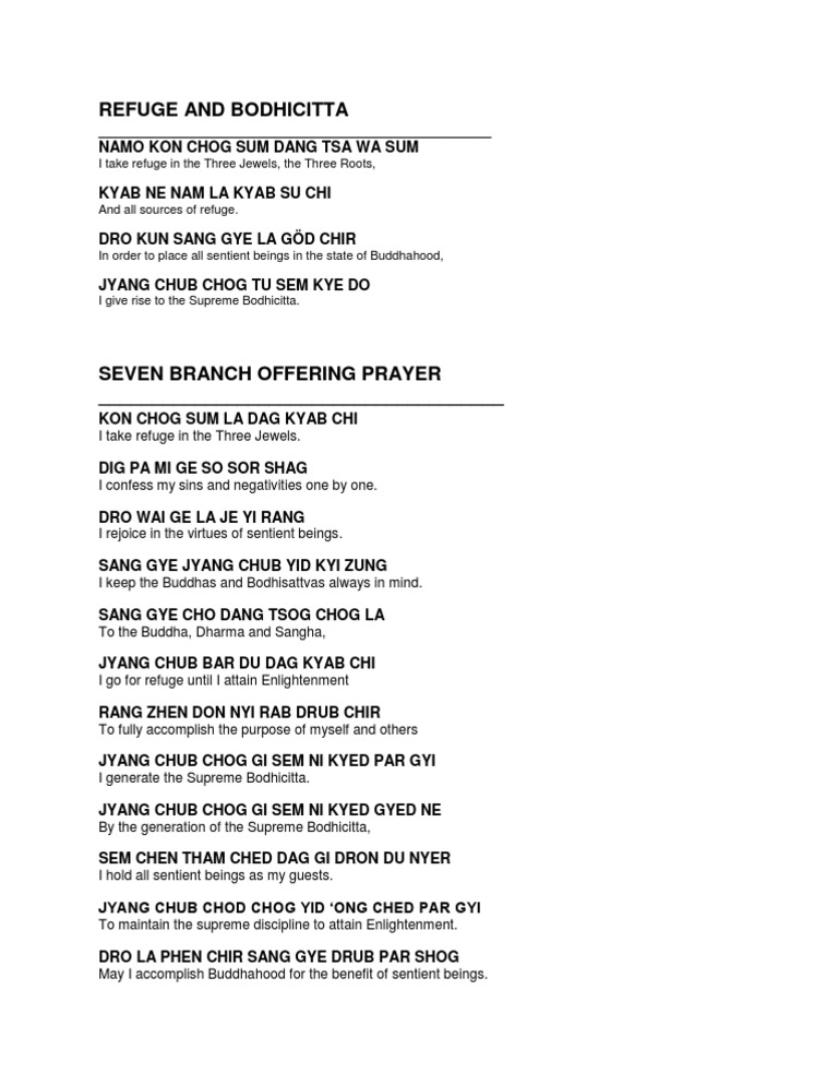 Tibetan Refuge and Bodhicitta Prayer | PDF