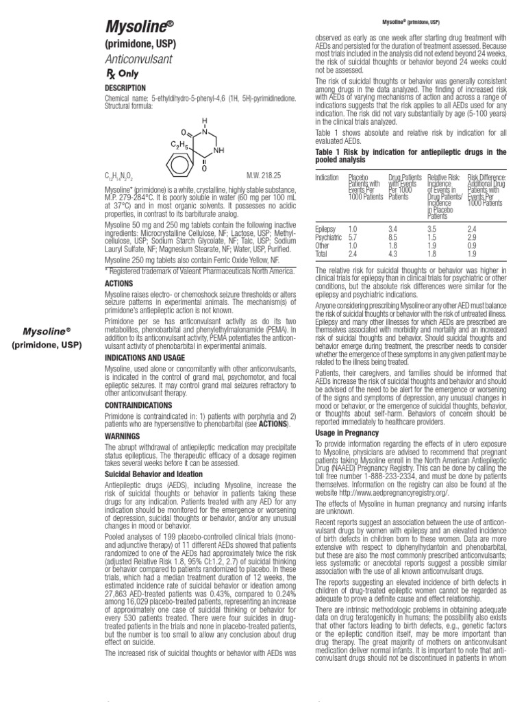 Mysoline (Primidone) PI | PDF | Epilepsy | Pharmacology