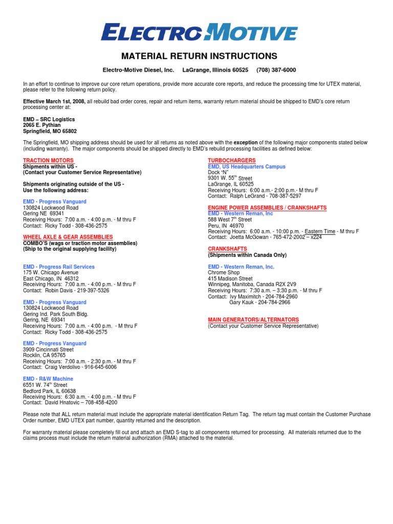 Material Return Instructions Electro Motive Diesel Inc Lagrange