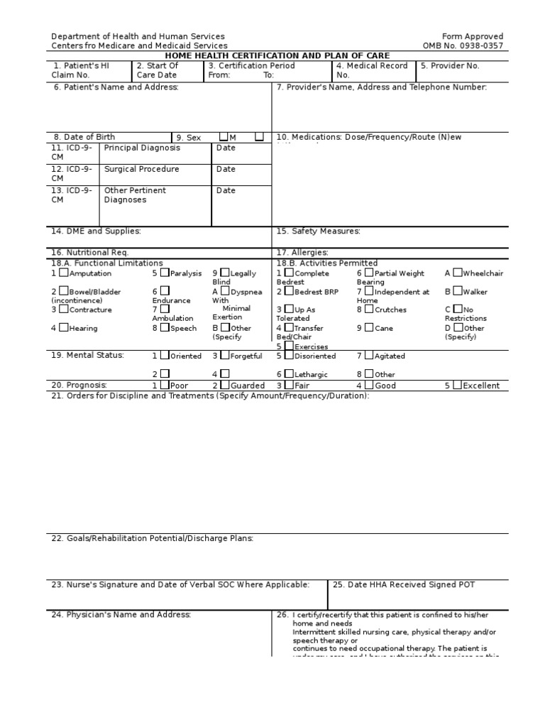 Home Health Certification Form CMS-485 | PDF | Home Care | Physical Therapy