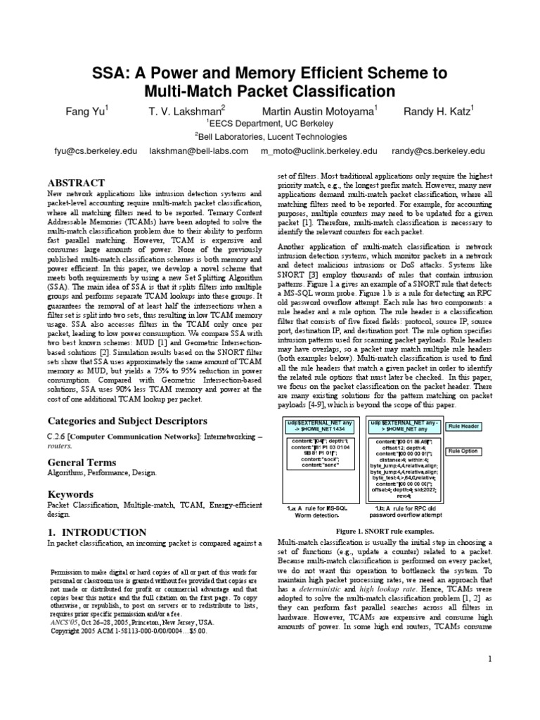 SSA: A Power and Memory Efficient Scheme To Multi-Match Packet Classification | PDF ...