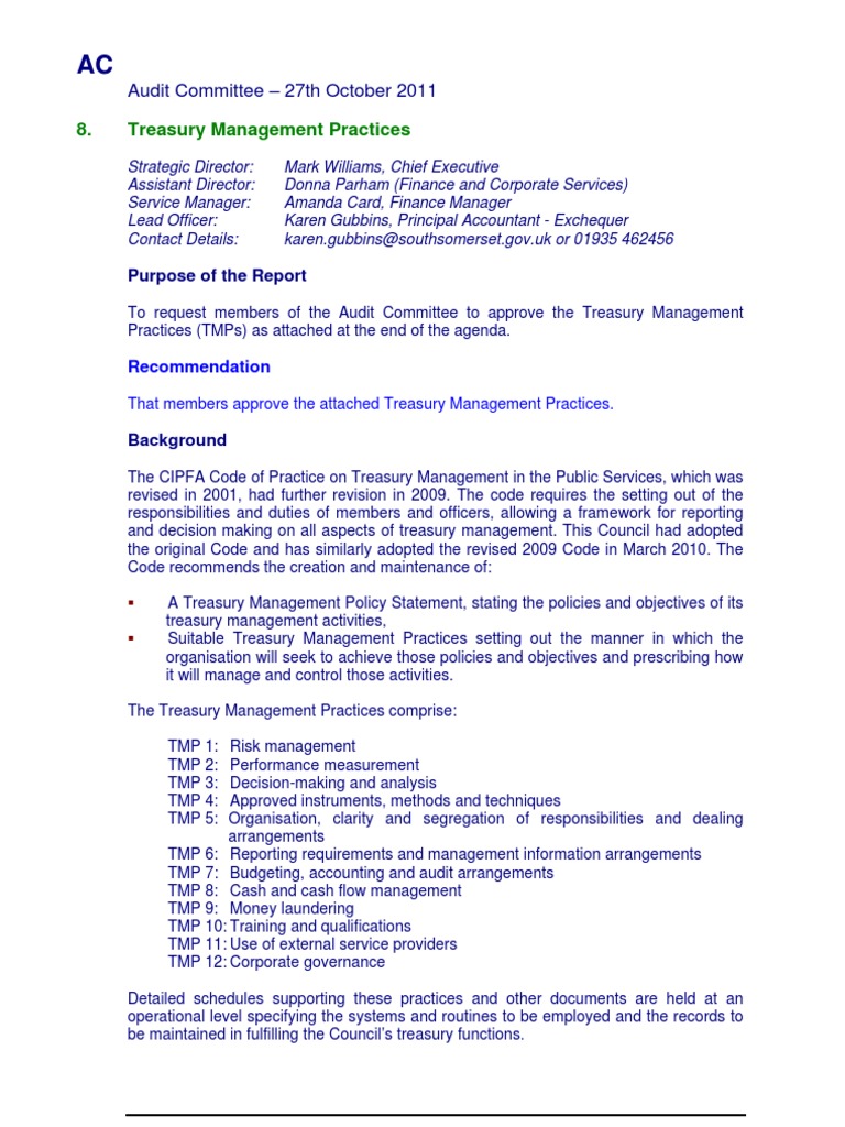 Treasury Management Practices | PDF | Treasury | Audit Committee