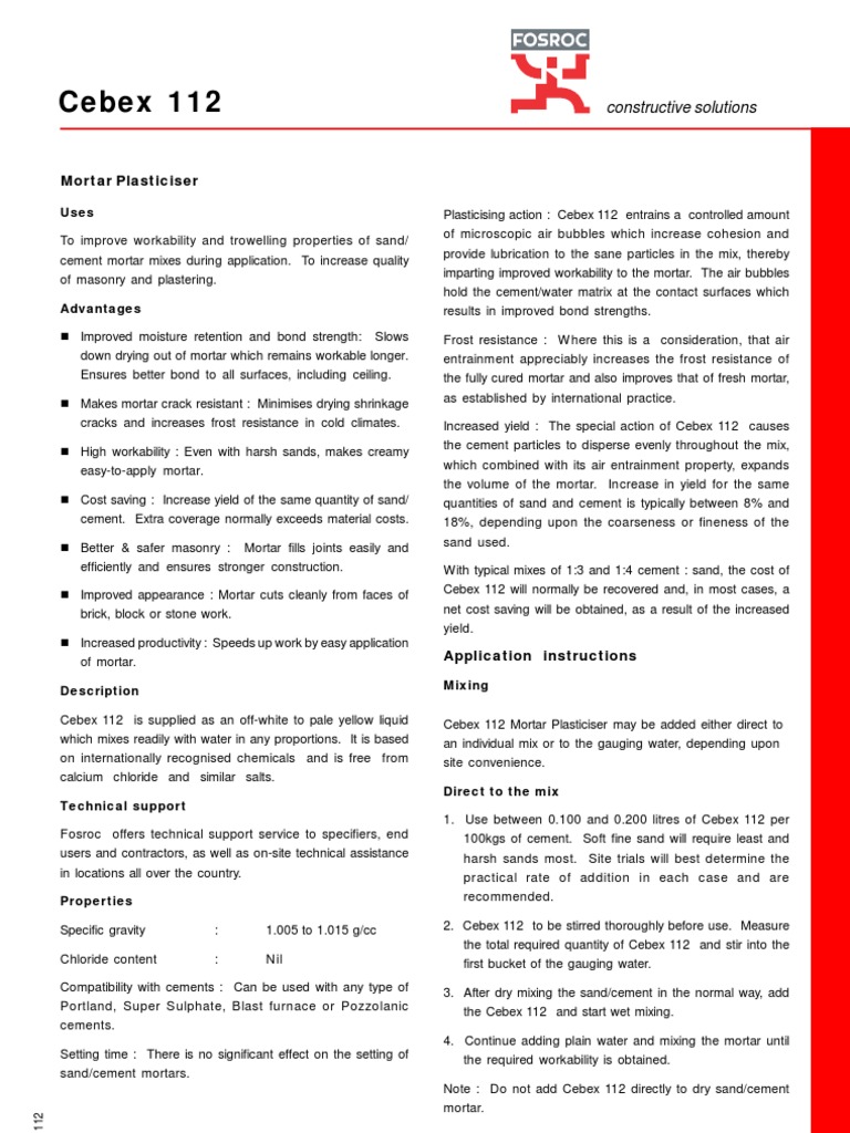 Fosroc Cebex - 112 | PDF | Mortar (Masonry) | Lime (Material)