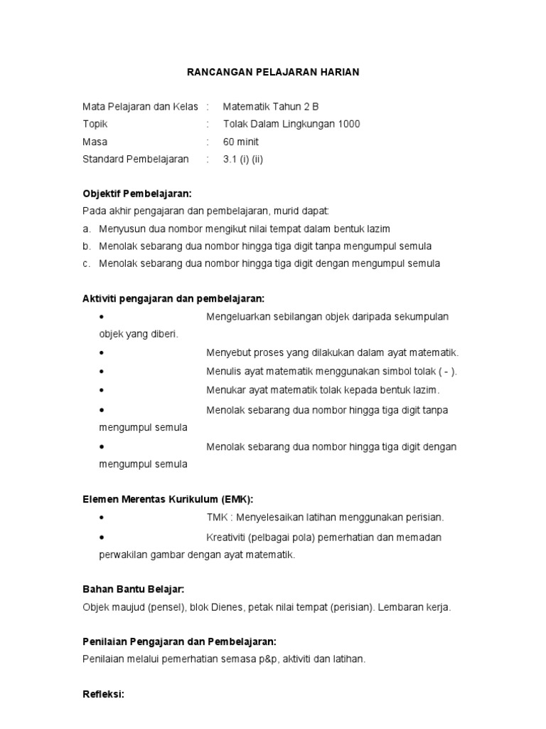 Contoh RPH Matematik Tahun 2 | PDF