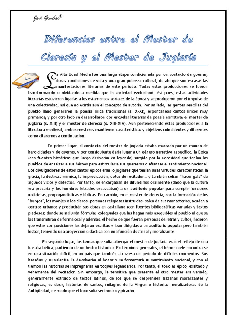 Diferencias Entre El Mester de Clerecía y El Mester de Juglaria. | PDF ...