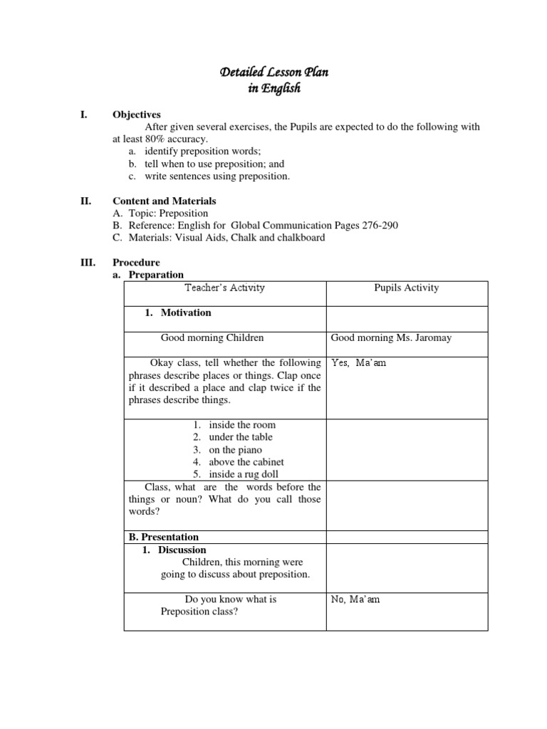 Detailed Lesson Plan Jaromay | PDF | Preposition And Postposition ...