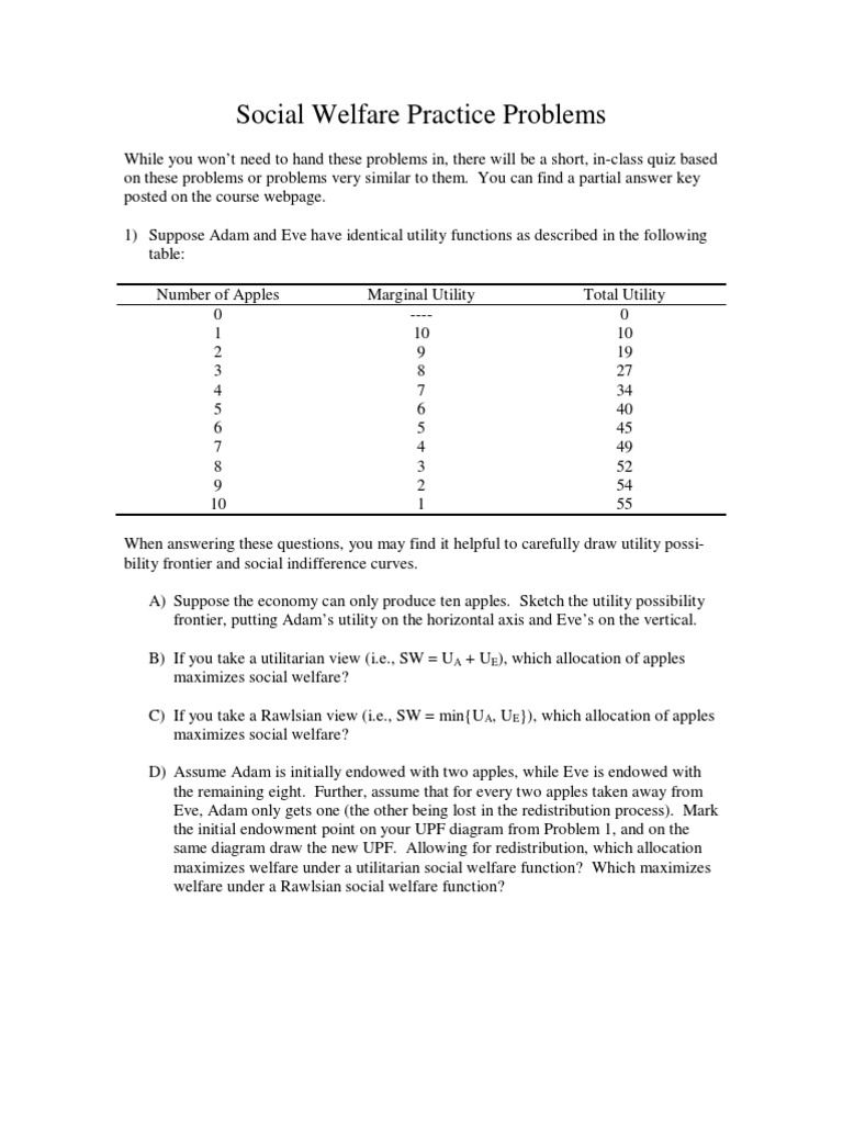 Social Welfare Practice Quiz | PDF | Utility | Economic Theories