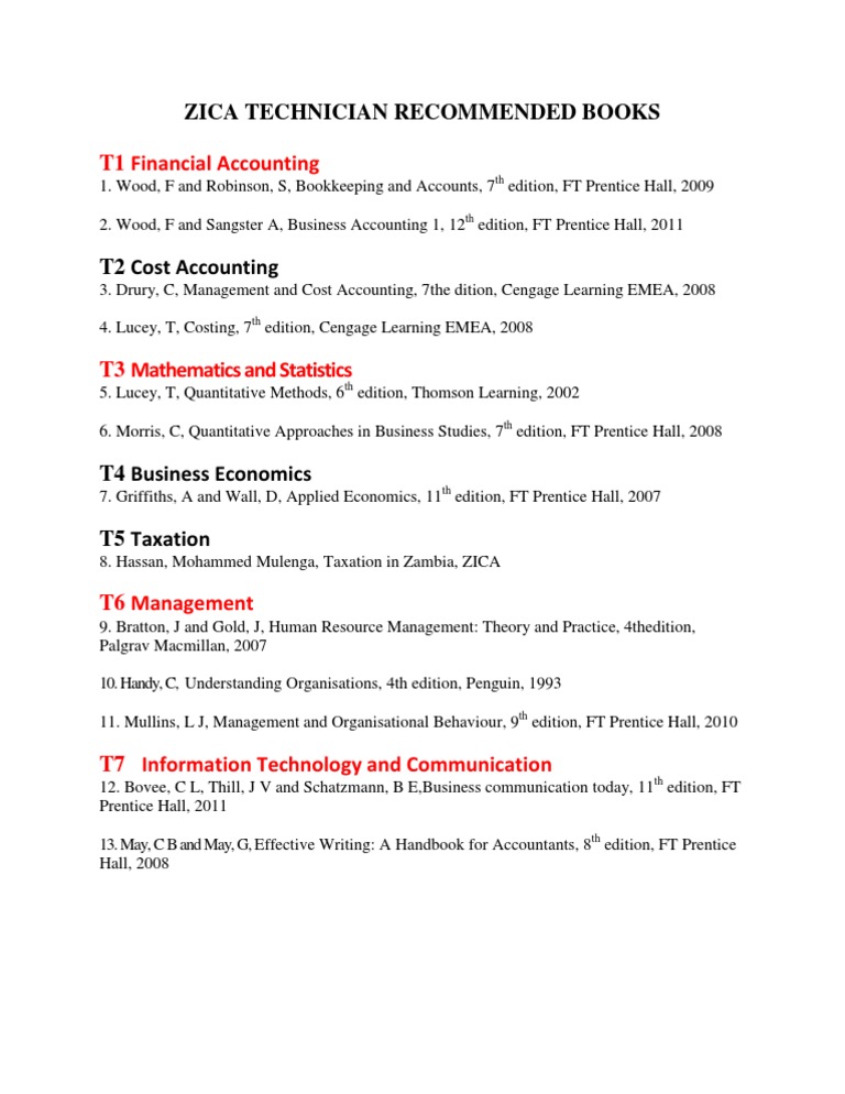 ZICA Technician Recommended Text Books | PDF | Economies | Business