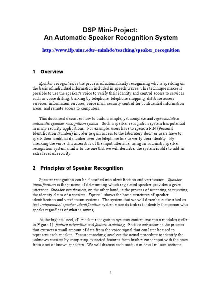 Dsp Mini Project An Automatic Speaker Recognition System 1 Overview Pdf
