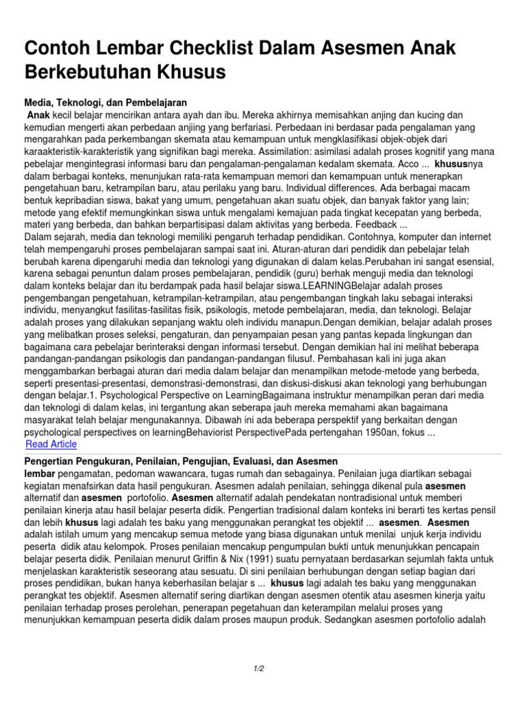 Contoh Lembar Checklist Dalam Asesmen ABK | PDF