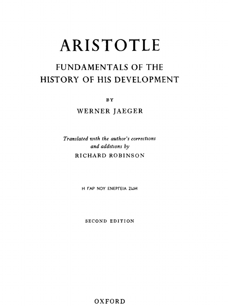Werner Wilhelm Jaeger Aristotle Fundamentals of The History of His ...