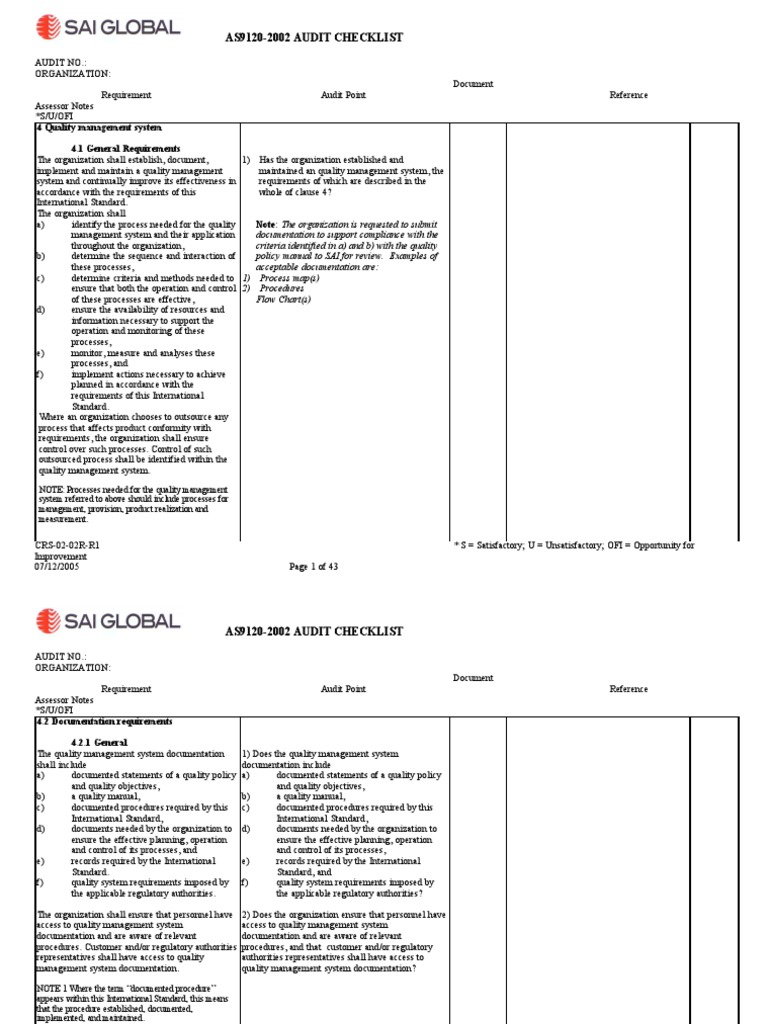 CRS-02-02R AS9120-2002 Audit Checklist | PDF | Quality Management ...