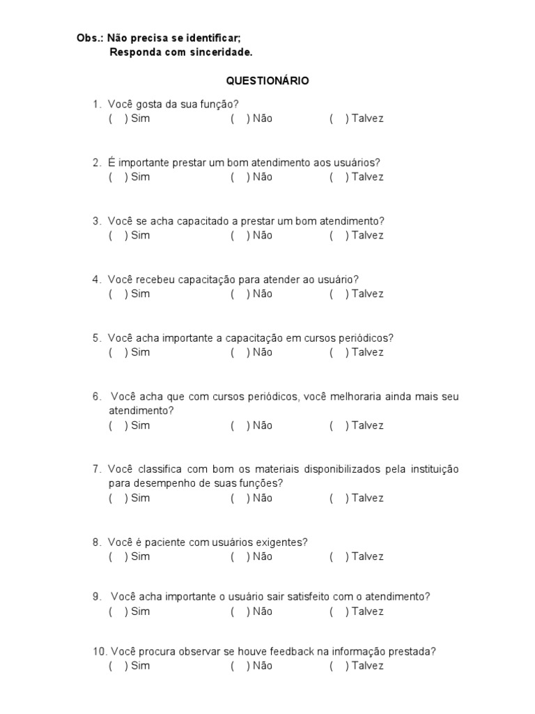 Questionário para qualidade no atendimento