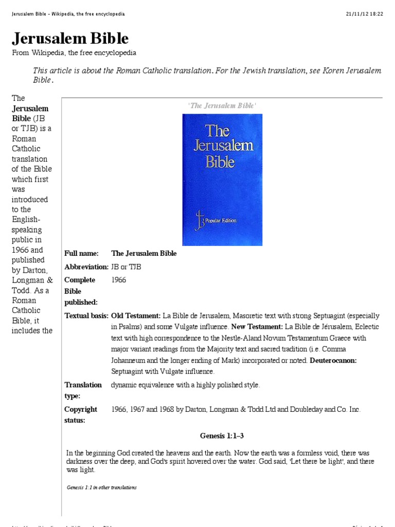 Jerusalem Bible - Wikipedia, The Free Encyclopedia | Bible | Bible ...