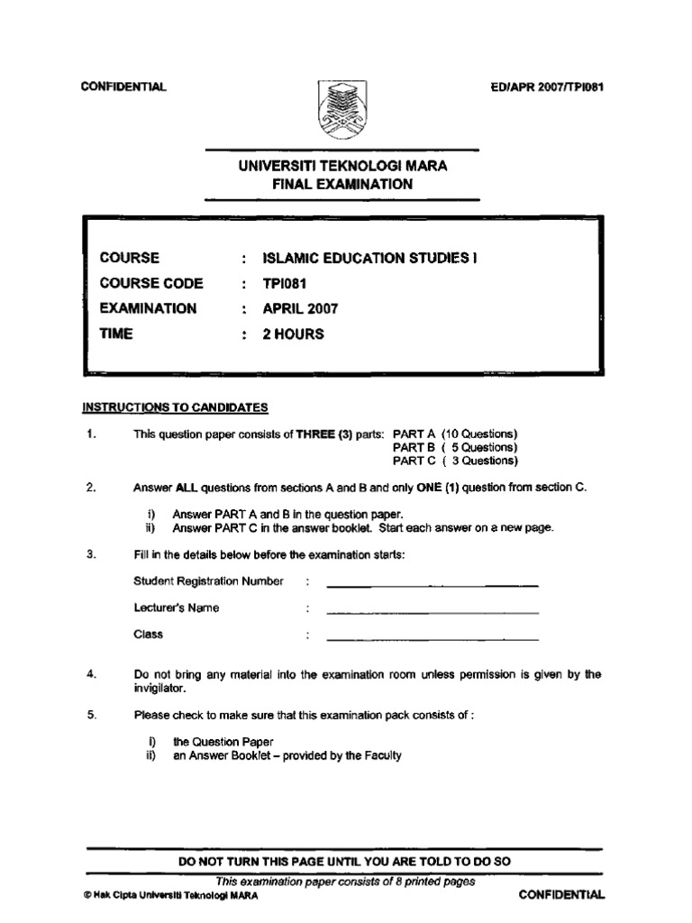 Exam Paper Islamic Education (TESL) | PDF | Tawhid | Religious Faiths