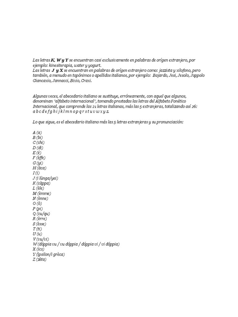 Las Letras Que Componen El Abecedario o Alfabeto Italiano Son 21 | PDF ...