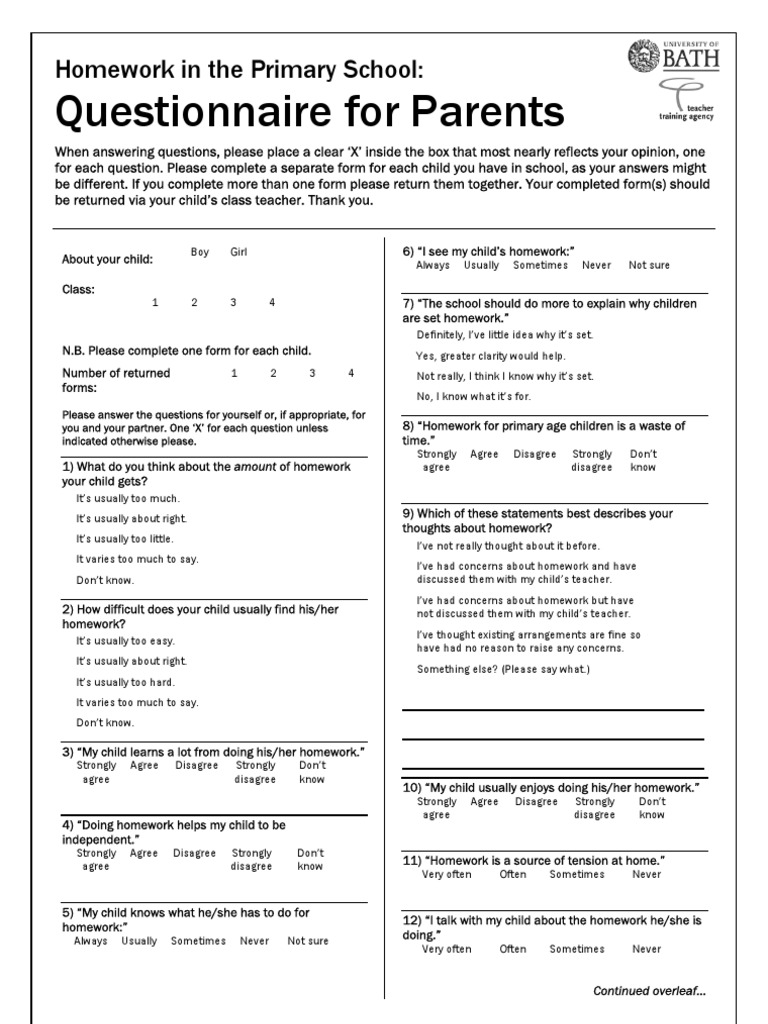 Primary School Homework Parent Survey | PDF