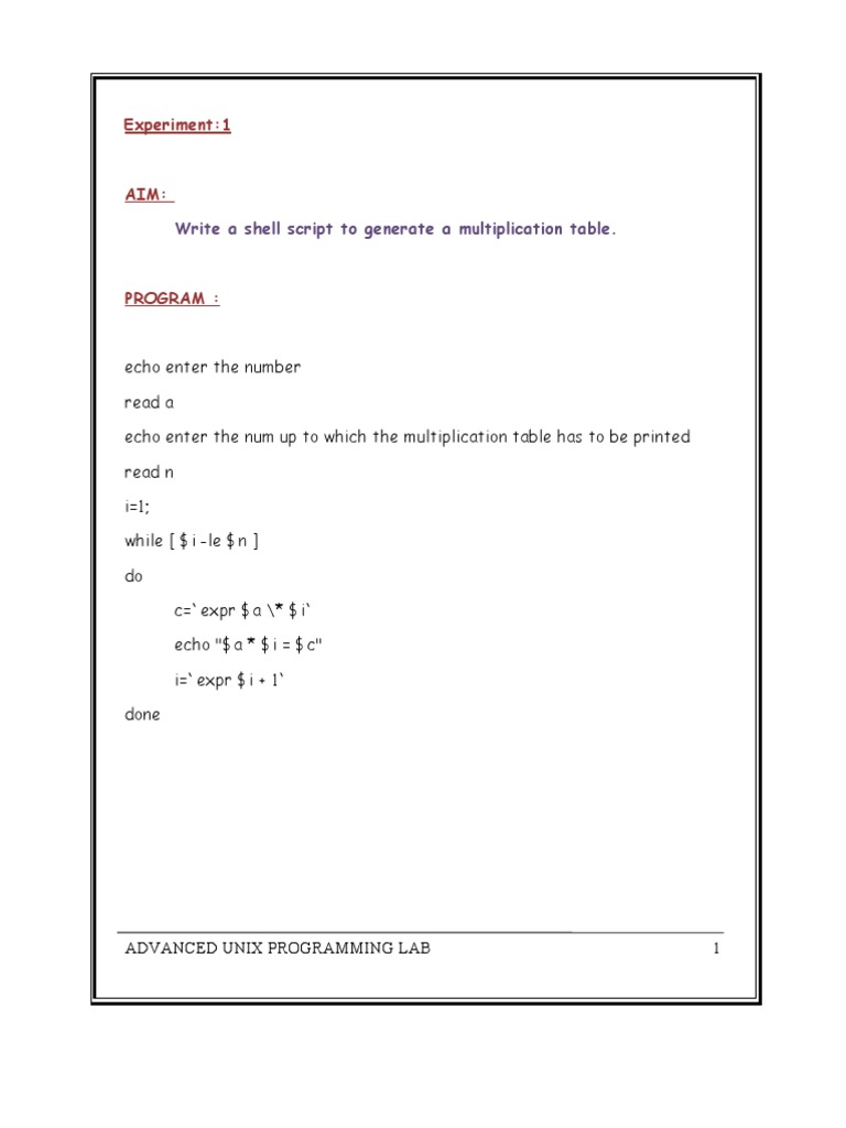 Experiment:1: Write A Shell Script To Generate A Multiplication Table ...