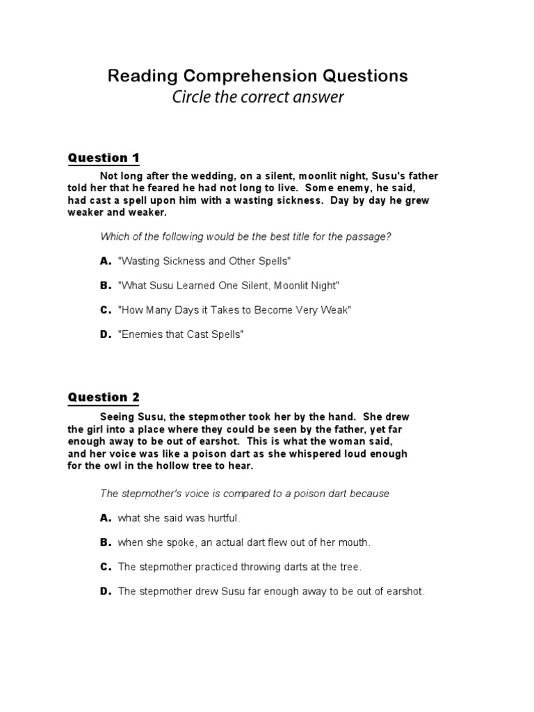 Reading Comprehension Questions: Circle The Correct Answer | PDF
