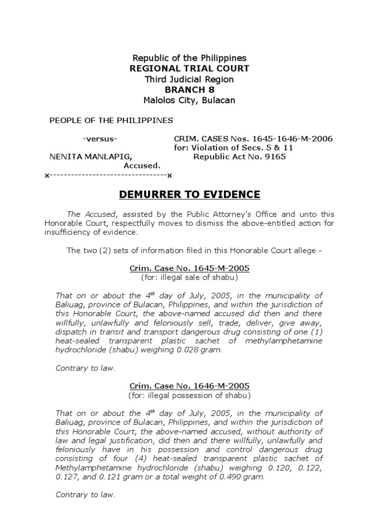 Demurrer of Nenita Manlapig | PDF | Burden Of Proof (Law) | Evidence