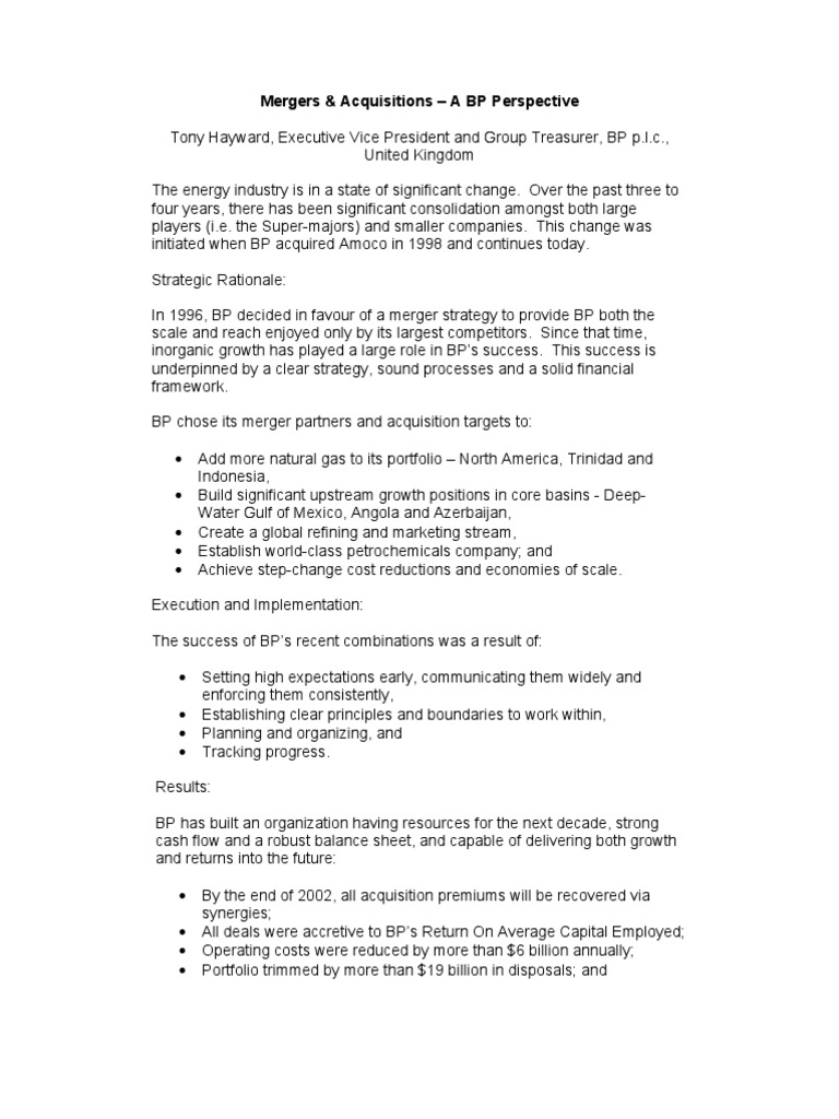 Mergers & Acquisitions - A BP Perspective | PDF | Bp | Mergers And ...