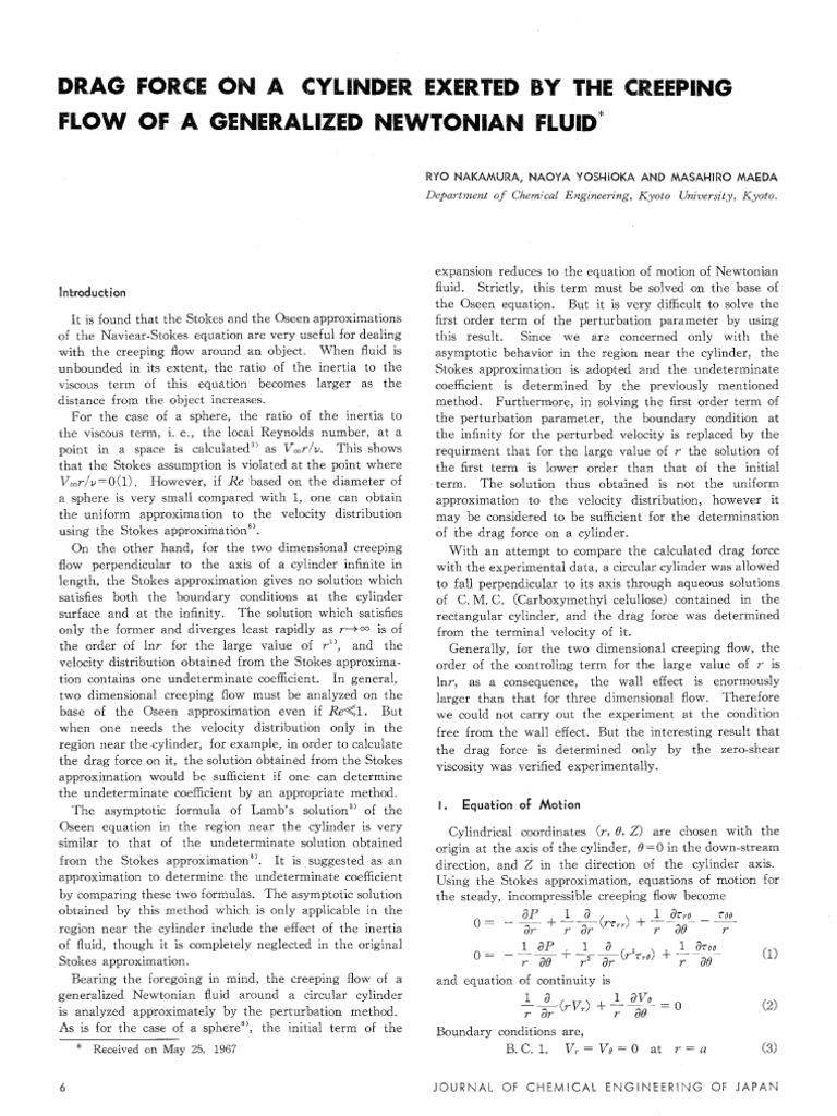 Drag Force On A Cylinder Exerted by The Creeping Flow of A Generalized ...
